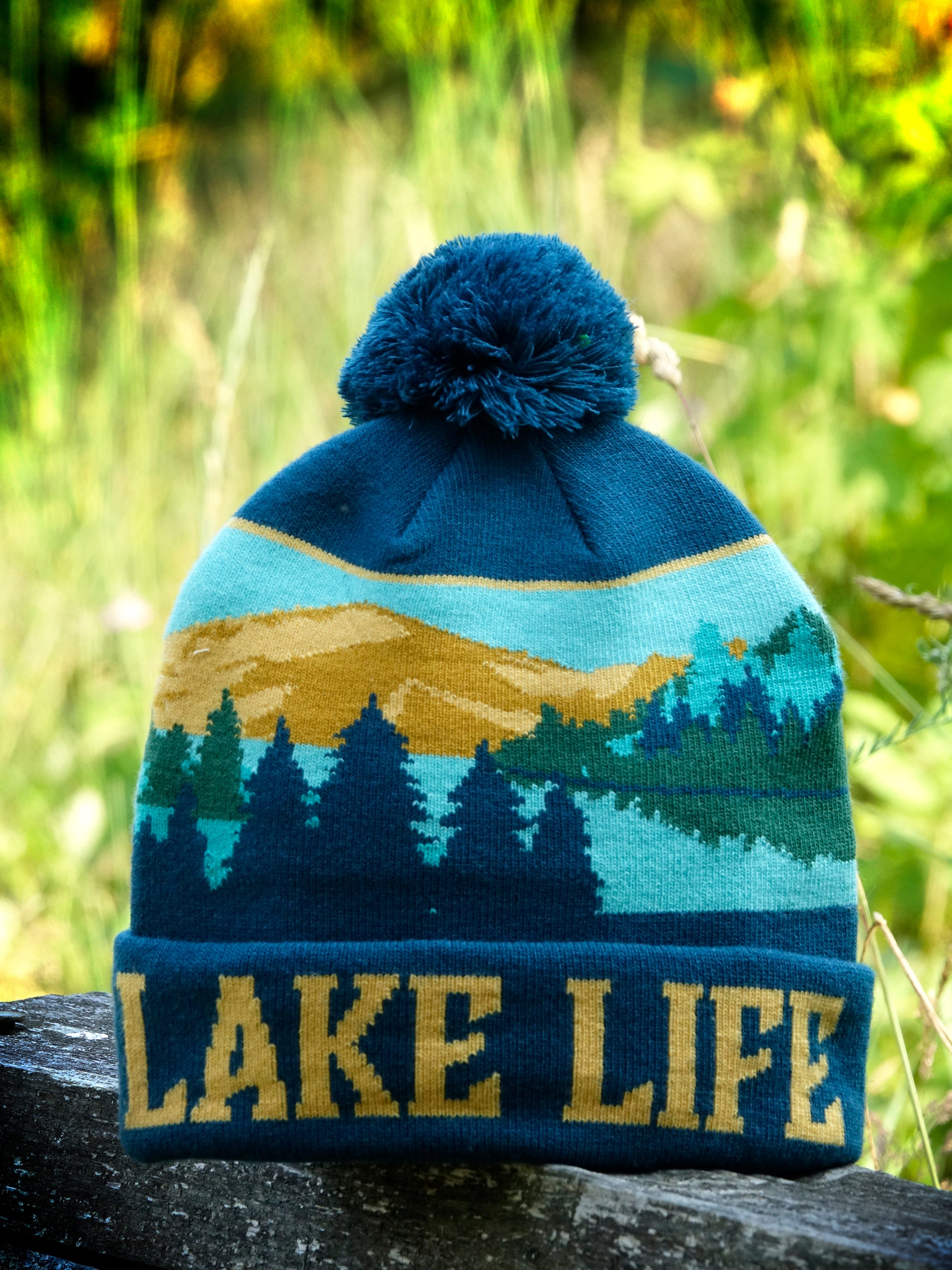Lake Life Knit Beanie Winter Hat with Pom Pom Scenic Mountain Lake Cam ...